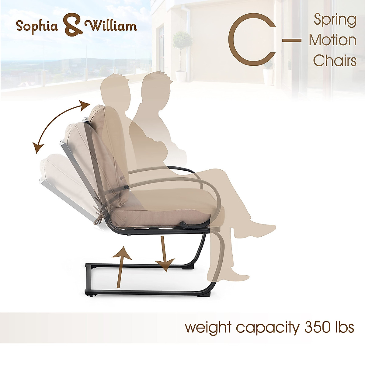 Sophia & William Patio Dining Chairs Set of 2 Outdoor Metal C Spring Motion Chairs Patio Chairs Set with Cushions for Deck Lawn Garden Pool Backyard Weight Capacity 350 LBS, Beige