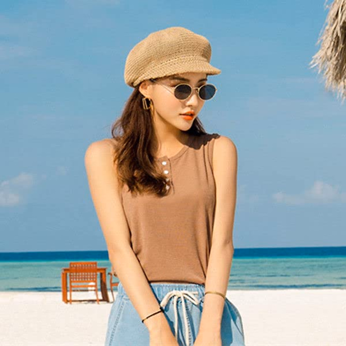 Octagonal Cap Straw Women Summer Thin Newsboy Cap Painter Adjustable Rope Knitted Beret Mesh Breathable Boinas para Mujer, One Size