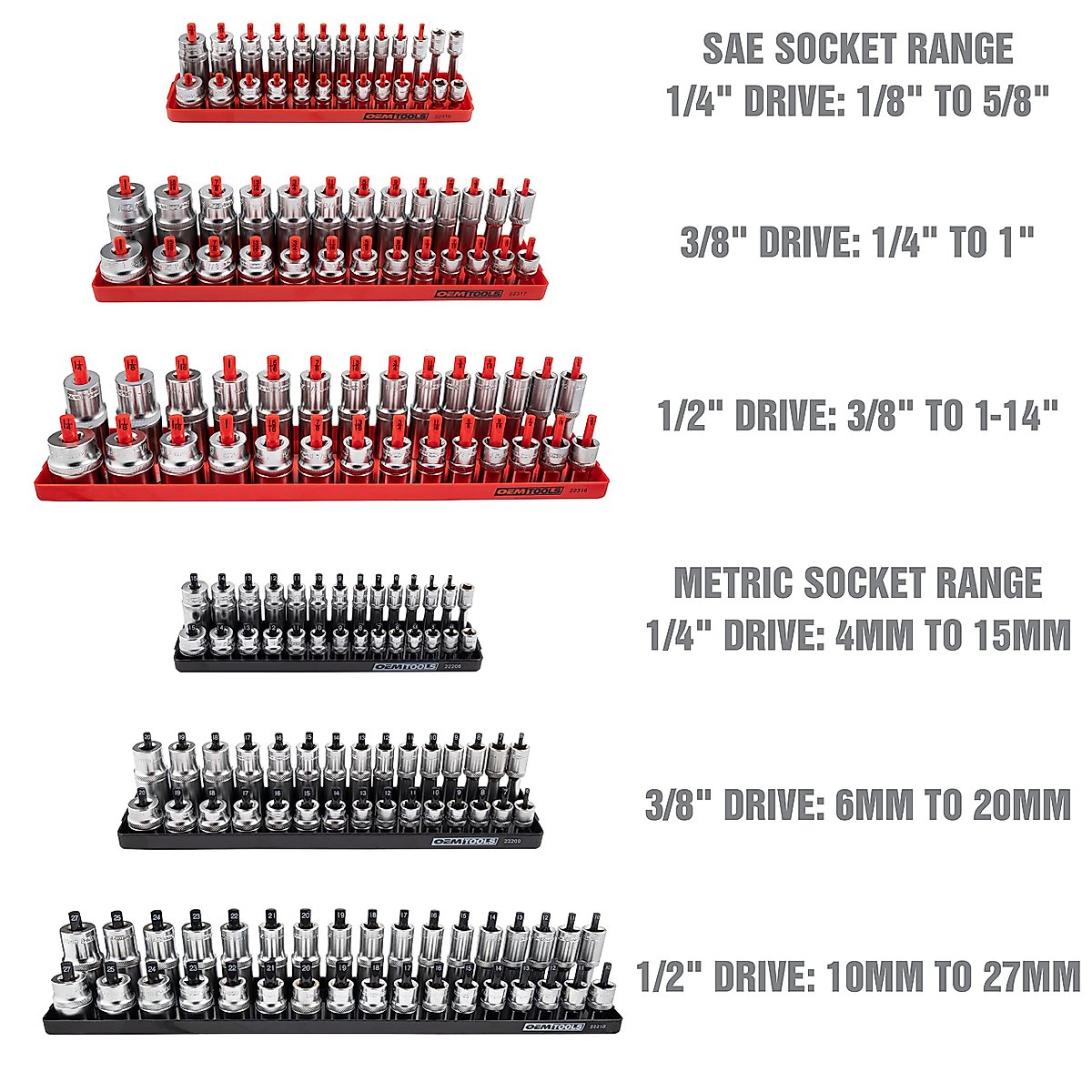 OEMTOOLS 22234 6 Piece SAE and Metric Socket Tray Set, SAE and Metric Socket Storage for Sizes 1/4", 3/8”, and 1/2" Drive, Socket Holders and Socket Organizer Tray for Toolbox, Red and Black