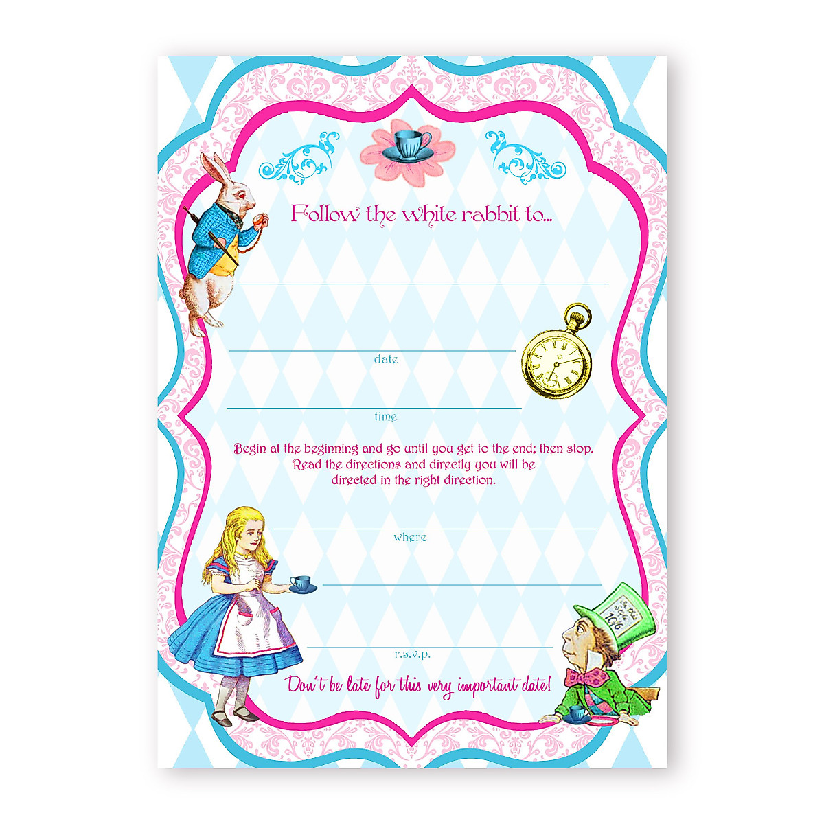 POP parties Alice In Wonderland Classic LARGE Invitations - 10 Invitations + 10 Envelopes