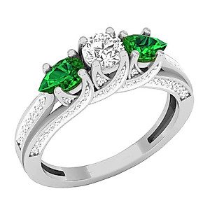 Dazzlingrock Collection 5X3mm Lab Created Pear Shaped Emerald & Round Natural White Diamond 3 Stone Engagement Ring for Women, 10K White Gold, Size 6.5