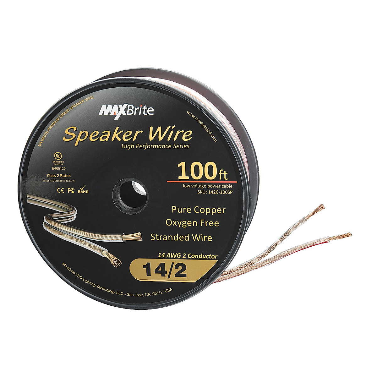 High Performance 14 Gauge Speaker Wire, Oxygen Free Pure Copper - UL Listed Class 2 (50 Feet Spool)