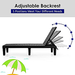 Tangkula Outdoor Chaise Lounge Chair, Lightweight Patio Lounge Recliner Chair with Adjustable Backrest, 5 Reclining Positions Chaise Lounger for Patio, Beach, Balcony, Poolside, Backyard (1, Black)