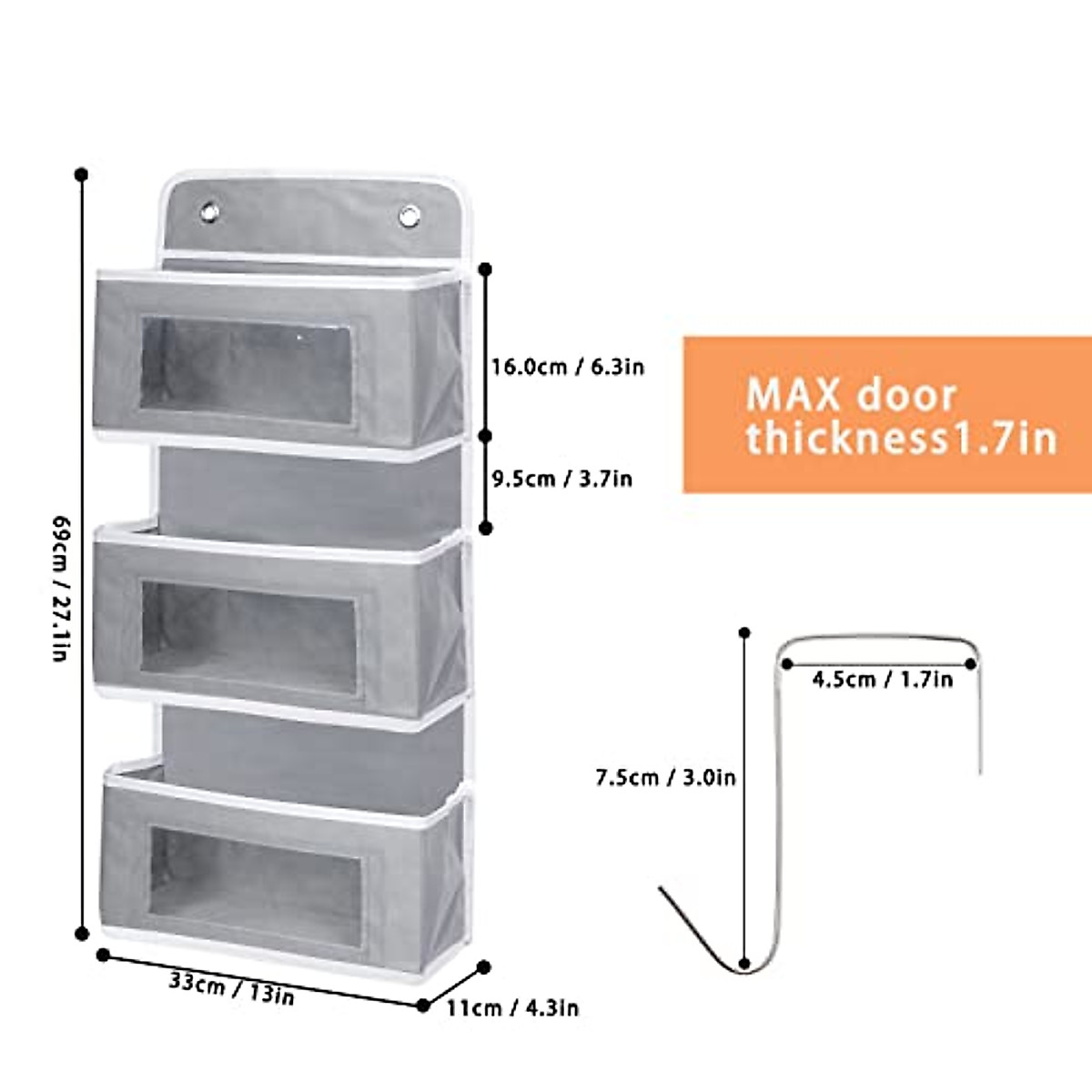 BiSiViO Door Hanging Organizer Nursery Closet Cabinet Baby Storage with 4 Large Pockets, Wall Mount Storage with Clear Window and 2 Widened Metal Hooksfor Cosmetics, Toys and Sundries (Grey)