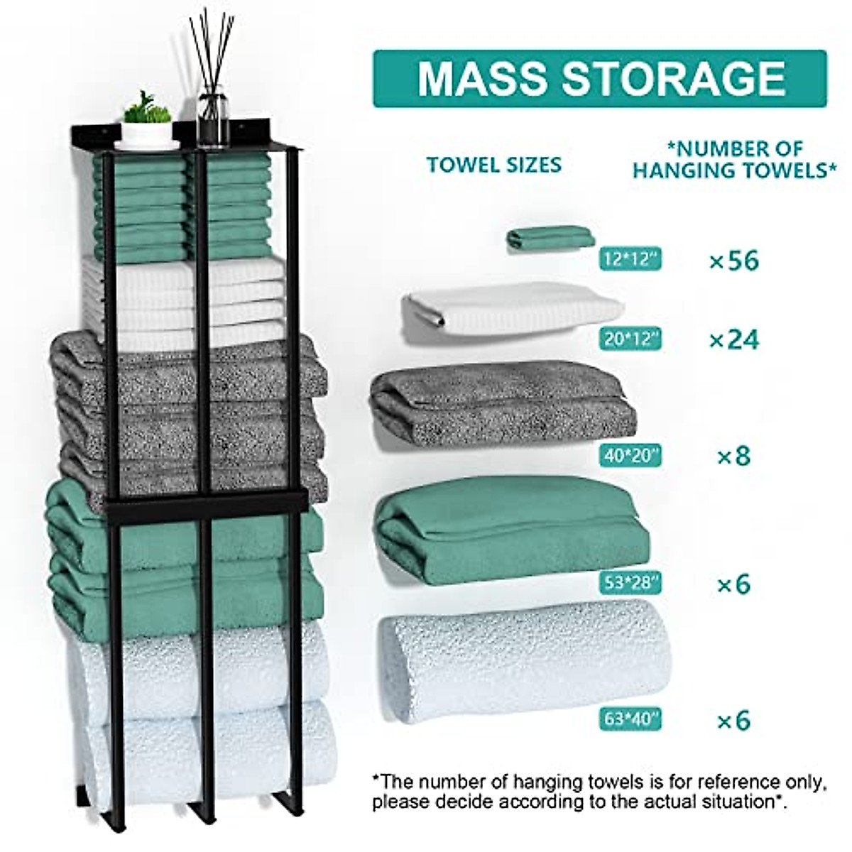 Towel Rack for Bathroom, New Upgrade 3 Bar Wall Towel Racks for Rolled Towels, Towel Storage with Metal Top Shelf, Wall Mounted Bathroom Organizer (Black)