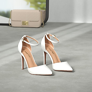 DREAM PAIRS Women's Oppointed-Lacey Pointed Toe Ankle Strap High Heel Stiletto Pumps Wedding Dress Shoes,Size 8.5,White/Pu,Oppointed_Lacey