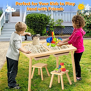 Purelax Children's Sensory Table with 2 Stool, Multifunction Toddler Play Sand Table Indoor Art Table Drawing Table for Kids, Toddler Sensory Table with 2 Storage Bin & 2 Stool