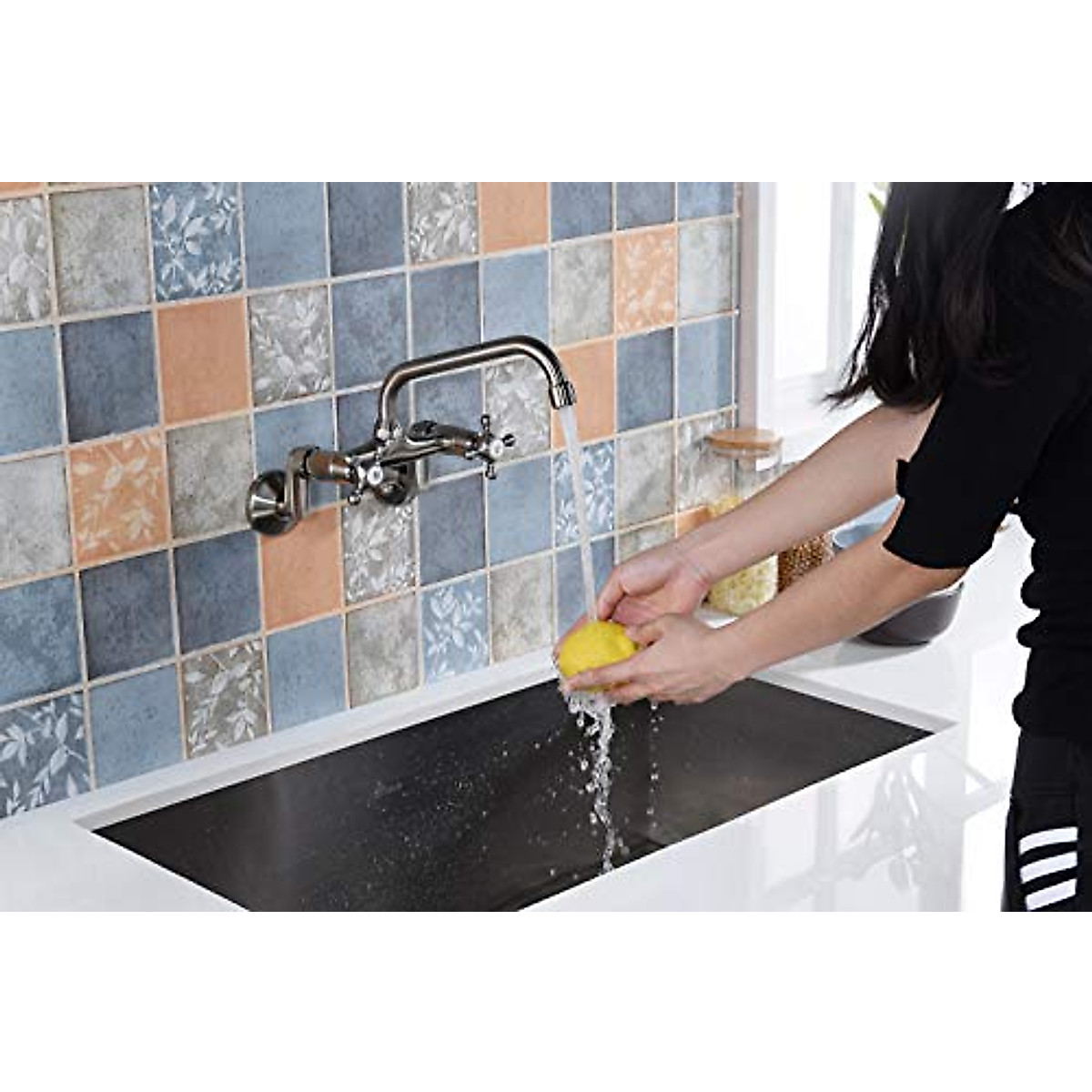 Sumerain Kitchen Wall Faucet 2 Cross Handle Brushed Nickel Wall Mounted Faucet 3" to 9" Adjustable Spread