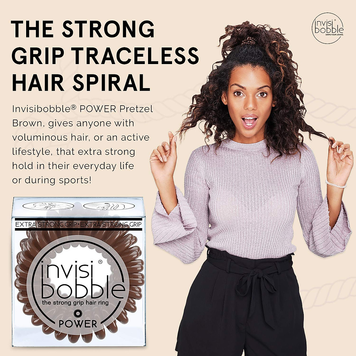 invisibobble Power Traceless Spiral Hair Ties - 3 Pack - Pretzel Brown - Strong Elastic Grip Coil Hair Accessories for Active Women - No Kink, Non Soaking - Gentle for Girls Teens and Thick Hair