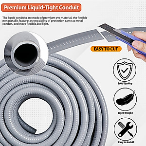 Neorexon Liquid-Tight Conduit and Connector Kit 1/2inch 25ft, Flexible Non Metallic Liquid Tight Electrical Conduit w/UL Certification, Electrical Conduit Kit with 5 Straight, 5 Angle Fittings