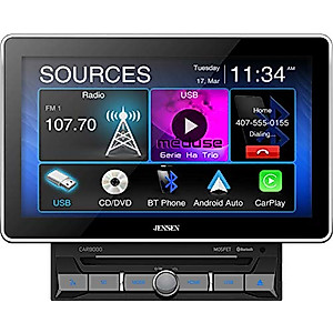 Jensen CAR8000 10.1" Extra Large Touchscreen CD/DVD Multimedia Receiver with Apple CarPlay and Android Auto l MP4 Video Playback l Built-in Bluetooth with A2DP Music Streaming and Phonebook Support