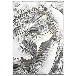 Abani 7' 9" x 10' 2" (8x10) Grey & Gold Metallic Contemporary Ribbon Area Rug, Rugs Swirl Design Neutral Non-Shed Bedroom Rug