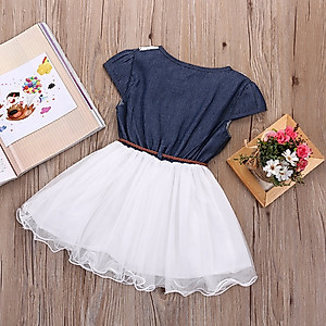 Toddler Kids Baby Girls Princess Dress Sleeveless Lace Denim Top Stitching Tulle Tutu Skirts Clothes (3-4 Years, White)
