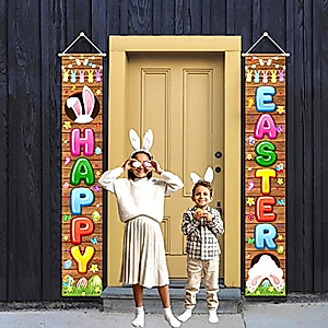 Easter Party Supplies-Happy Easter Porch Sign Banner,2PCS Hello Peeps Front Door Welcome Banner for Spring Theme Easter Bunny Door Decoration (Porch)