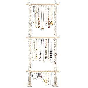 Grathia Hanging Jewelry Organizer Macrame Necklace Holder with 30 Hooks, Wall Mounted Necklace Rack, Necklace Hanger with Tassel for Necklaces Bracelet Earrings (Beige)