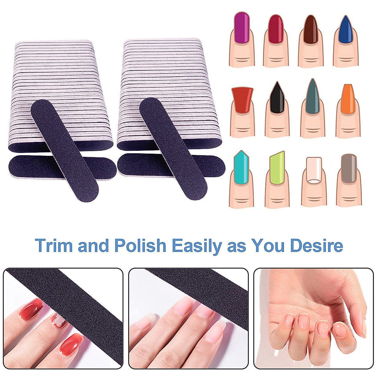 Nail Files (50 Pack), 3.6 Inch Emery Board Nail File for Acrylic and Natural Nails, 100/180 Grit Small Double Sided Fingernail Files Bulk Mini Professional Finger Nail Filer Manicure Set Black/White