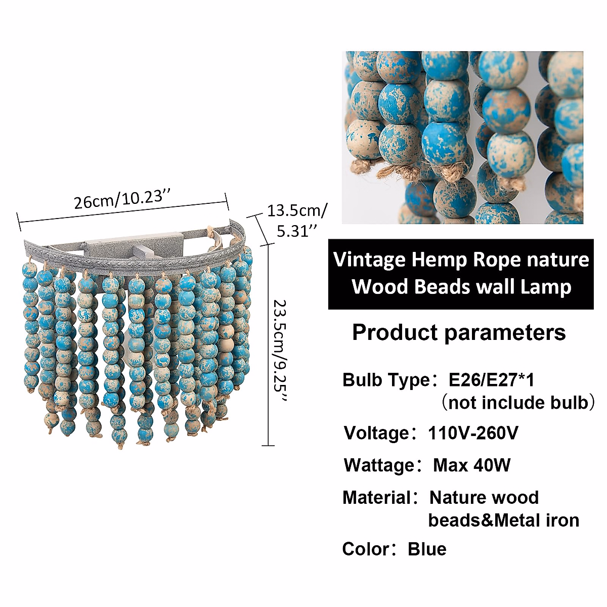 JCPYIUL Boho Wall Sconce, Vintage Art Deco Wall Sconce Indoor, Hardwired Hallway Sconces Wall Lighting for Bedroom Livingroom Entryway(Blue Wood Bead)