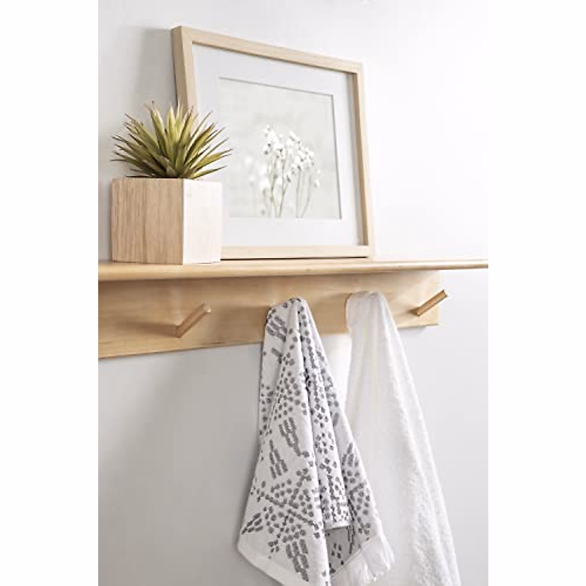 Kate and Laurel Alta Modern Floating Wood Wall Shelf with Coat Hooks, 36 x 5 x 5, Natural Wood, Decorative Wooden Shelf with 5 Hanging Posts for Storage