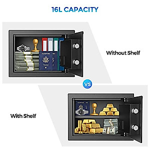 Safe Box, WASJOYE 1.0 Cu ft Biometric Fingerprint Safe Box Fireproof Safe with Finger Identification Key-Lock for Home Office Hotel Valuables Gun Safe Storage