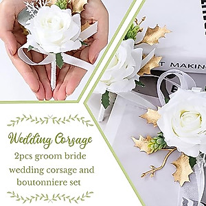 Spirit Up Art 2Pcs Ivory White Rose Wrist Corsage and Boutonnieres Set Groom Groomsman Corsages Bridal Girls Artificial Wristlet Flower for Wedding Ceremony Anniversary Formal Dinner Party Prom Decor