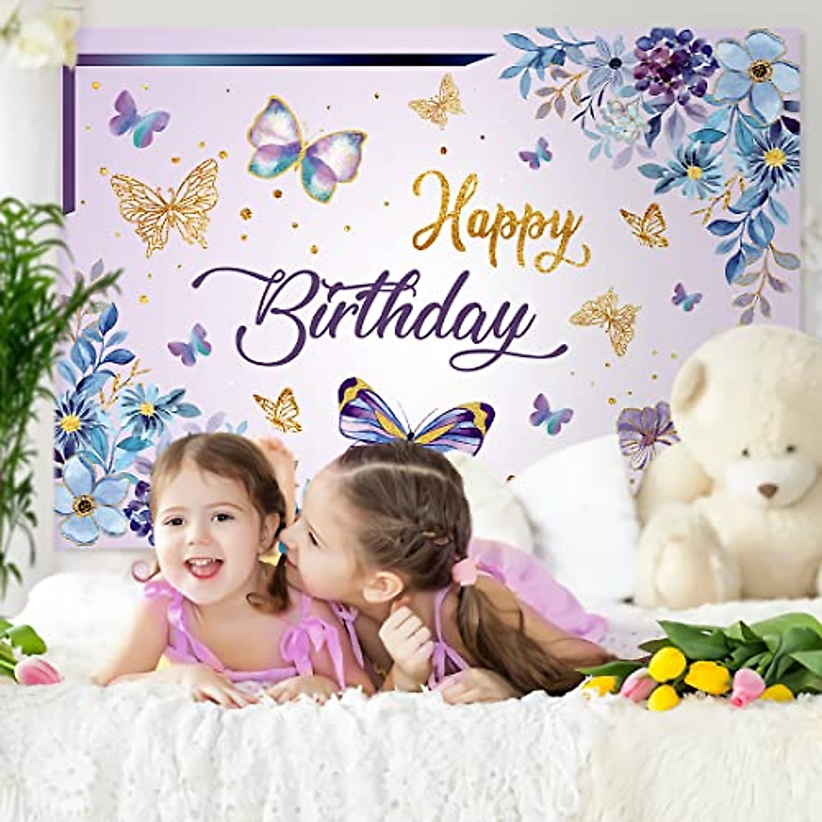 Butterfly Background Birthday Party Decorations, Butterfly Themed Banner 5x3ft for Birthday Party, Spring Theme Butterfly Background Banner Decorations, Spring Butterfly Photo Supplies