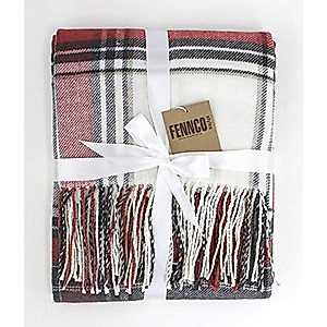 Fennco Styles Classic Plaid Pattern Tassel Trim Throw Blanket 50 x 60 Inch - Red White Throw for Couch, Home Decor and Holiday Winter Season