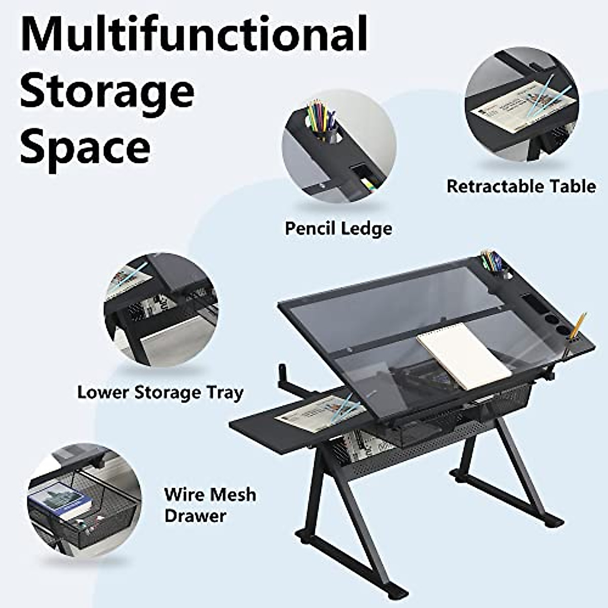 Lamerge Glass Drafting Table with Stool, Drawing Desk for Adults/Artists 2 Storage Drawers,Height Adjustable 0-75° Tilting Home Office, Black (Drafting Table001)