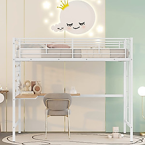 BIADNBZ Metal Twin Loft Bed with L Shaped Desk and Metal Grid, High Beframe for Juniors Adults w/Full-Length Guardrail & Ladders, Space-Saving, No Box Spring Needed, White