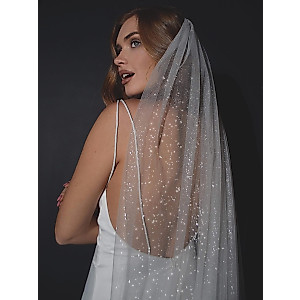 YAEISM Bride Wedding Veil White Glitter Cathedral Veil Sparkly Bachelorette Veil Fingertip Bridal Long Star Light Tulle Veils with Metal Comb for Brides and Women