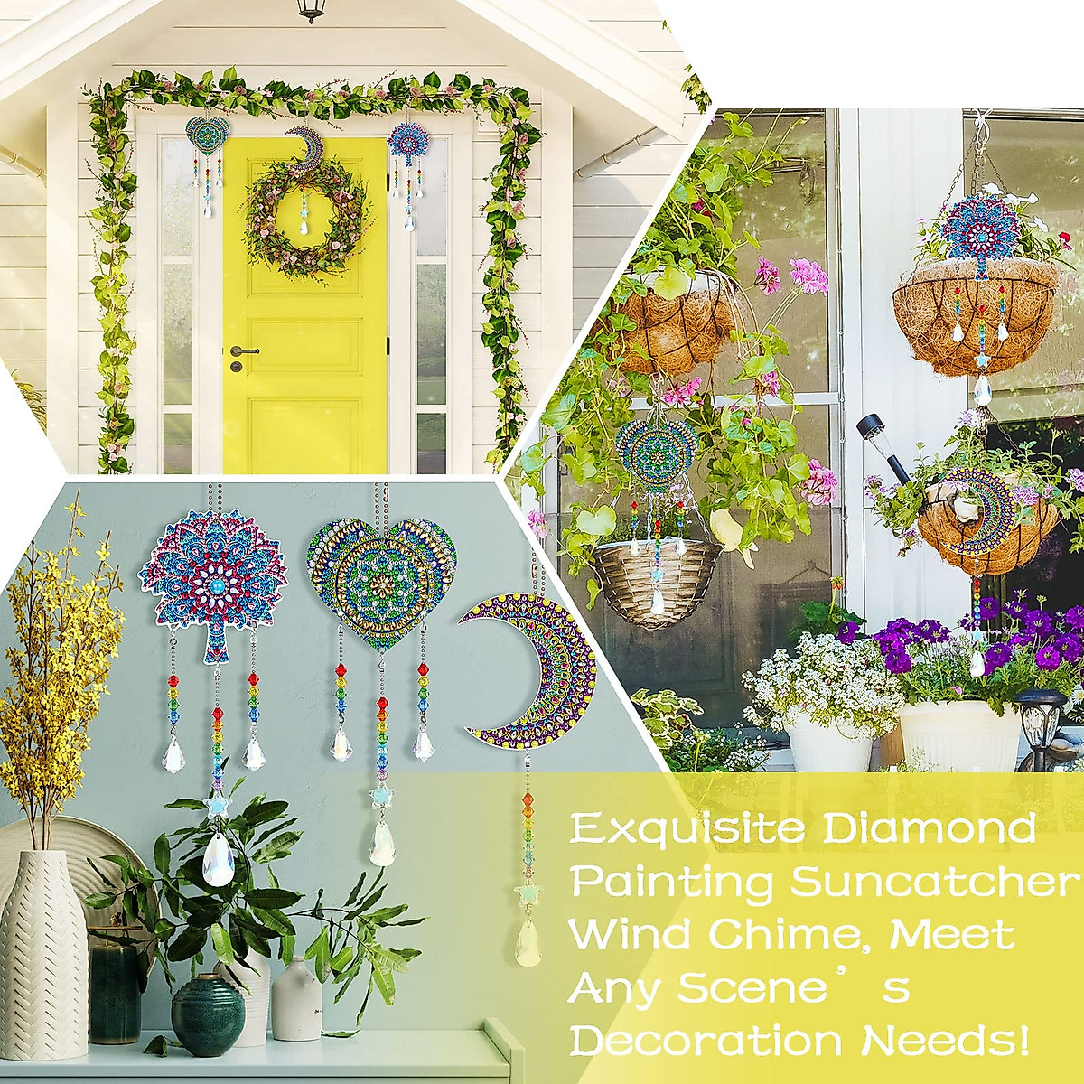 3 Pieces Diamond Painting Suncatcher Wind Chime Cross Sun Star Moon Heart Mandala Double Sided Crystal Gem Paint by Number Diamond Painting Hanging Ornament for Home Garden (Moon, Heart, Mandala)