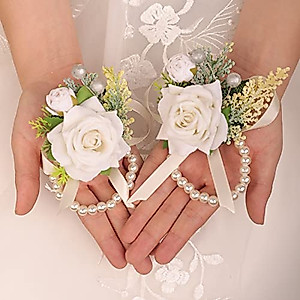 Kercisbeauty White Rose Flower Corsage Wristlet Pearl Bracelet for Wedding Bridesmaid and Flower Girls Handmade Ribbon Wrist Chain (White)