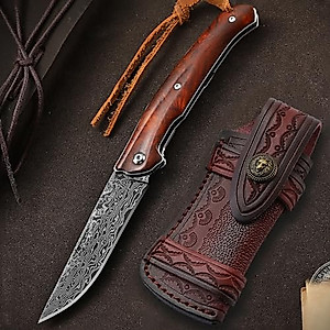 Omesio Damascus Pocket Knife with Leather Sheath for Men Women, Wooden Handle, Vg-10 Steel Damascus Folding Knife, 3.54 Inch Blade Foldable EDC Knife for Camping Fishing Hiking Hunting Gift