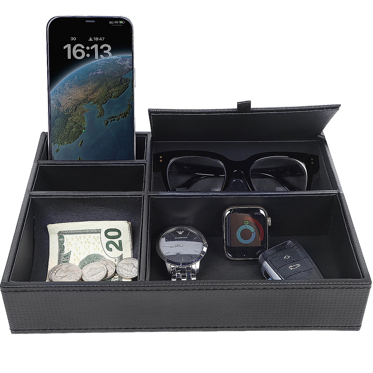 Zcaukya Men's Valet Tray, Jewelry Box Nightstand Organizer with 5 Compartments for Phone Keys Wallet Watch Glasses, Faux Leather Dresser Entryway Catchall Holder for Father's Day Gift (Black)