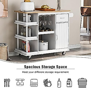 Kitchen Island Cart on Wheels with Storage Drawers, Multipurpose Kitchen Cart Cabinet with Side Storage Shelves and Wine Rack Kitchen Island with Rubber Wood Top for Dining Room, Home, Bar, White