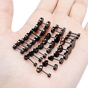 Ftovosyo 12 Pairs Black Stud Earrings for Men Stainless Steel Round Disc Faux Gauges Ear Studs for Women 3mm-8mm