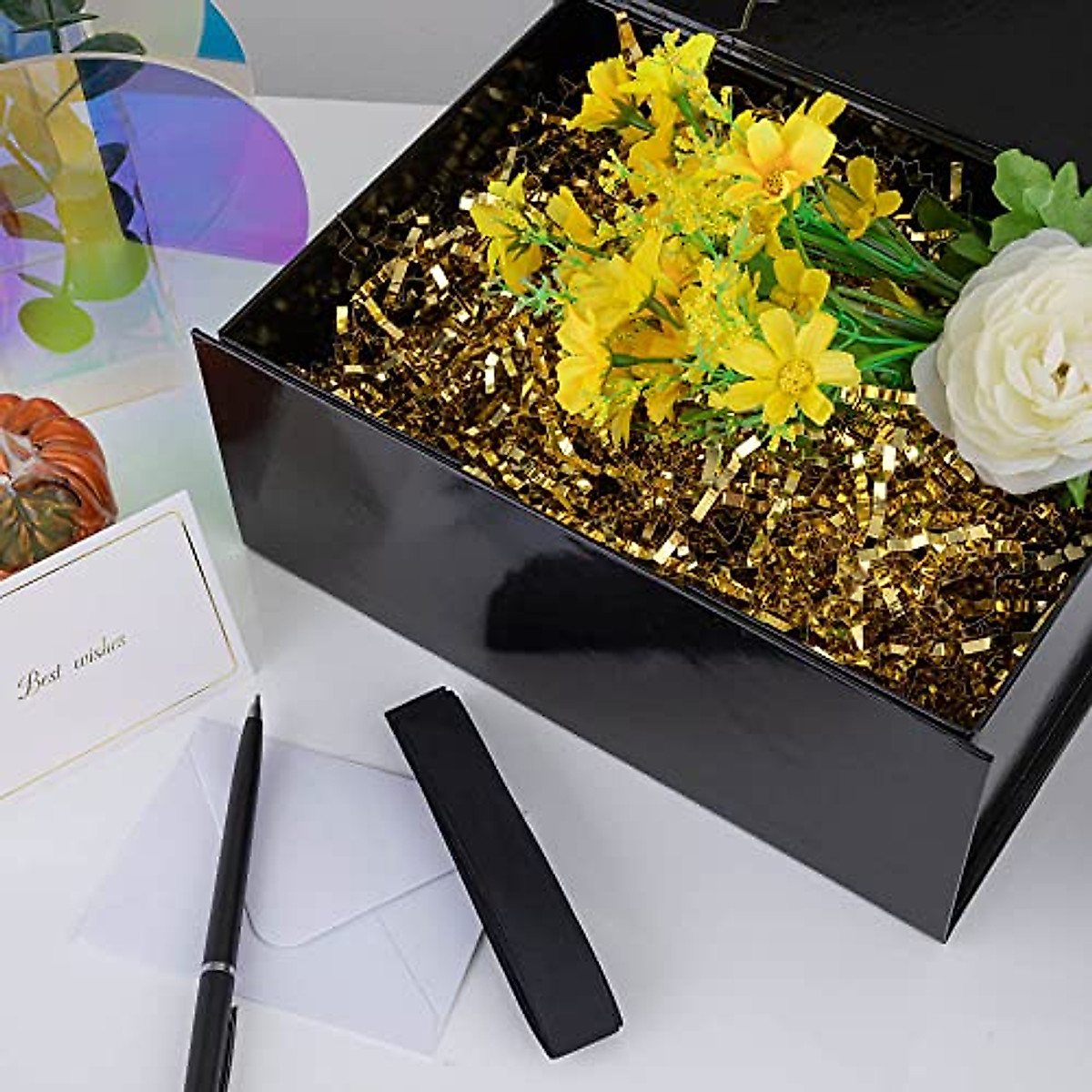 PACKGILO 1PCS Black Gift Box with Ribbon 9.5x7x4 Inches，Sturdy Gift Box with Lid for Gift Packaging, Foldable Magnetic Closure Storage Boxes, Bridesmaid proposal box, Rectangle Collapsible Box