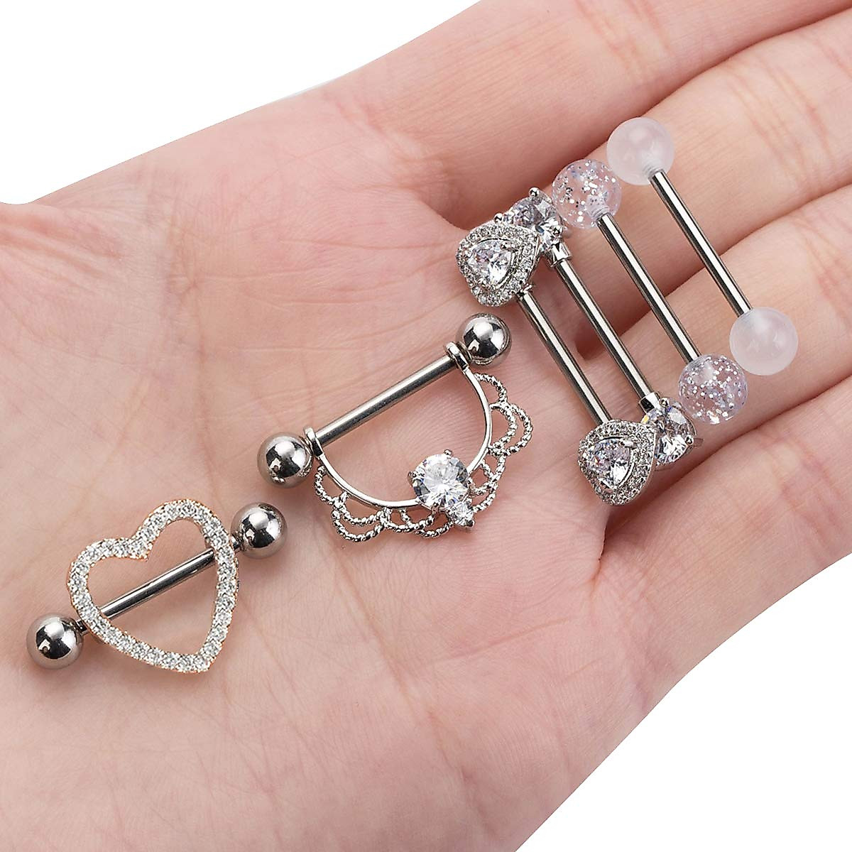 NASAMA Stainless Steel Acrylic Nipple Rings Tongue Ring CZ Barbell Heart-Shape Piercing Body Jewelry (6pair Steel color)