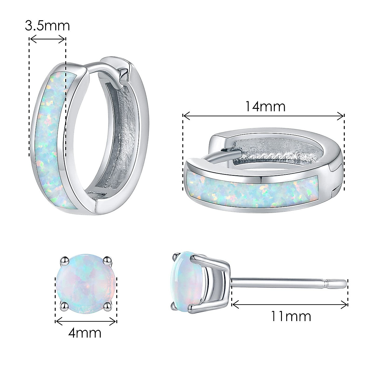 Silver Small Huggie Hoop Earrings for Women (Silver, Created White Opal)