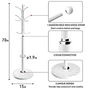 LASIEYO Coat Rack, Coat Rack freestanding With Disc Base, Standing Metal Coat Rack Stand Hat Hanger 12 Hooks, Easy Assembly for Coat Tree Hats Hanger Holder for Purse, Scarf Rack, Jacket (White)