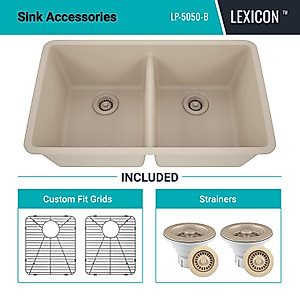 32" x 19" Quartz Kitchen Sink, 50/50 Double Bowl Kitchen Sinks, Drop-in Sink, Undermount Sink, Galaxy Beige Kitchen Sink, Double Sink Kitchen, Grids, Strainer and Flange, Lexicon Platinum LP-5050-B
