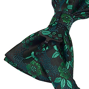 GUSLESON Green Floral Bow Tie Pre-tied Silk Bowtie and Pocket Square Cufflink Set(0582-10)