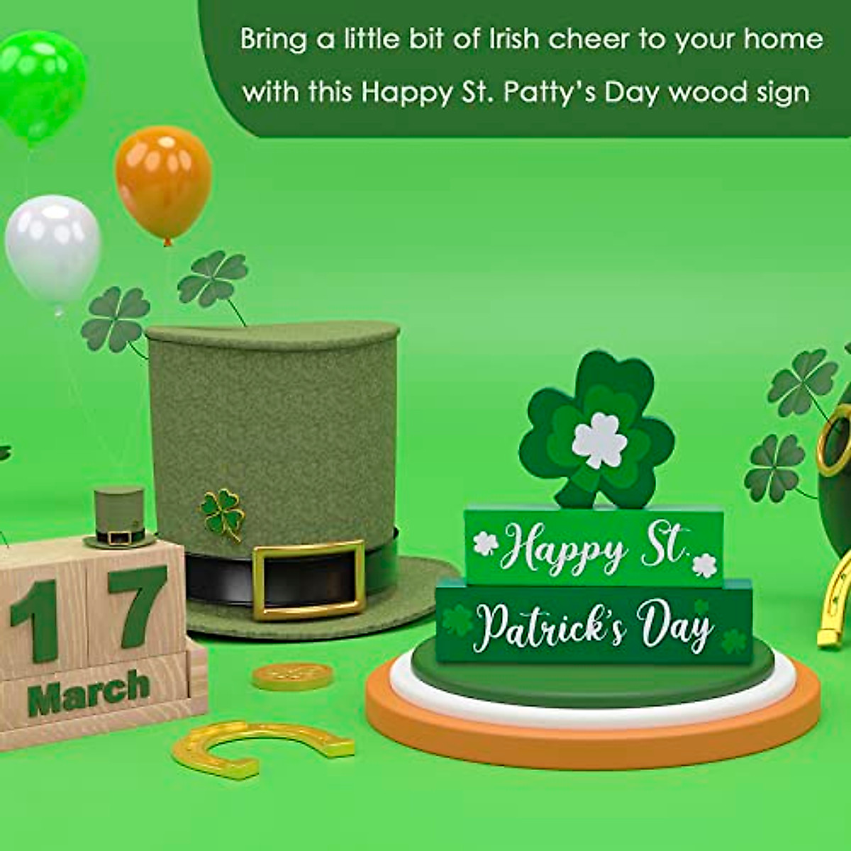 Happy St Patrick's Day Wooden Table Decorations and Happy Easter Centerpiece with Colorful Bunny and Eggs Signs