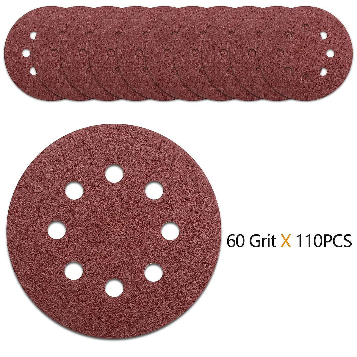 110pcs 5 Inch Sanding Disc 60 Grit, ZEHIQ 8 Hole Hook and Loop Sandpaper Orbital Sander Pads for Automotive Polishing and Wood Working