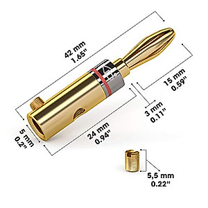 KabelDirekt – Banana Plugs – 5 Pairs (for Speaker Wire, AWG 10-16, Allow Flexible Connection to Speakers, amplifiers, A/V receivers, Power amplifiers & Stereo Systems, Fixing Screws, Gold Plated)