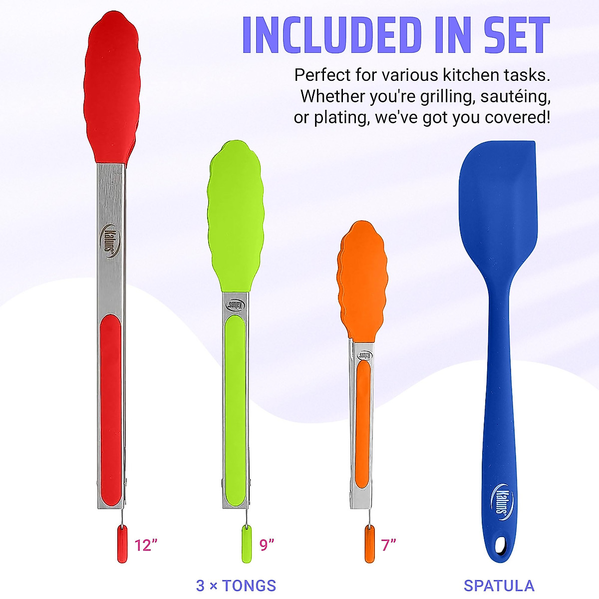 Kaluns Kitchen Tongs for Cooking Grilling Set of 4, BBQ Grill Tongs With Silicone Tip Stainless Steel Heat Resistant, Non-stick Pull Lock, Incl 7, 9, 12 Inch Tong Plus a Silicone Spatula