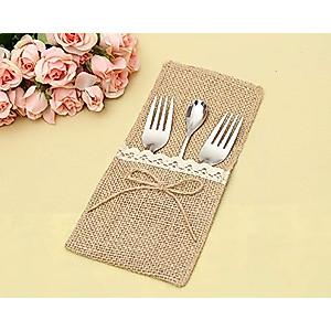 Topmodehome Burlap Cutlery Holders Lace Utensil Pouch Knifes Forks Bag for Vintage Natural Wedding (4x8inch, Rope Bow)