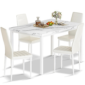 DKLGG Dining Table Set for 4, 5 Piece Kitchen Table Set with PU Leather Chairs Space-Saving Faux Marble Dining Room Table Set for 4 for Small Home Kitchen, Apartment