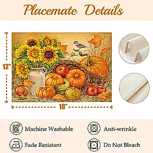 Fall Placemats Set of 4 Thanksgiving Pumpkin Table Placemats, 12x18 Inch Autumn Farmhouse Rustic Seasonal Holiday Outdoor Dining Table Place Mats for Home Party Dining Decoration(Sunflowers)
