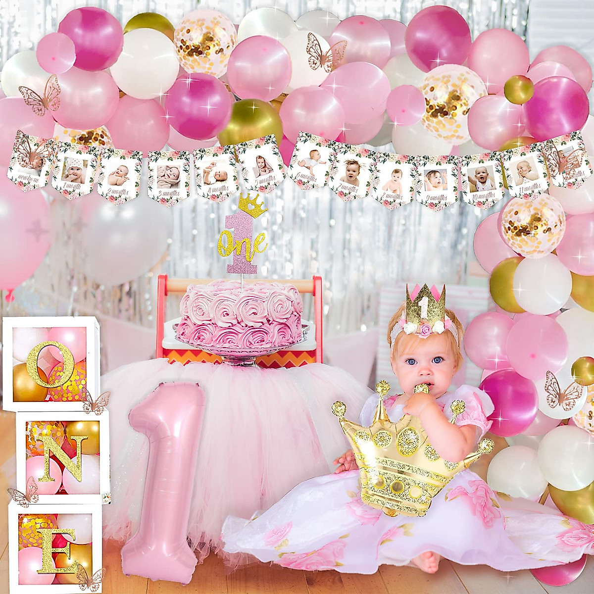 125 PCs First Birthday Decorations for Girl, Fiesec Little Miss Onederful 1st Birthday Party Decorations Backdrop Balloon Garland Monthly Photo Highchair Banner Box Cutout Cake Topper Crown Poster