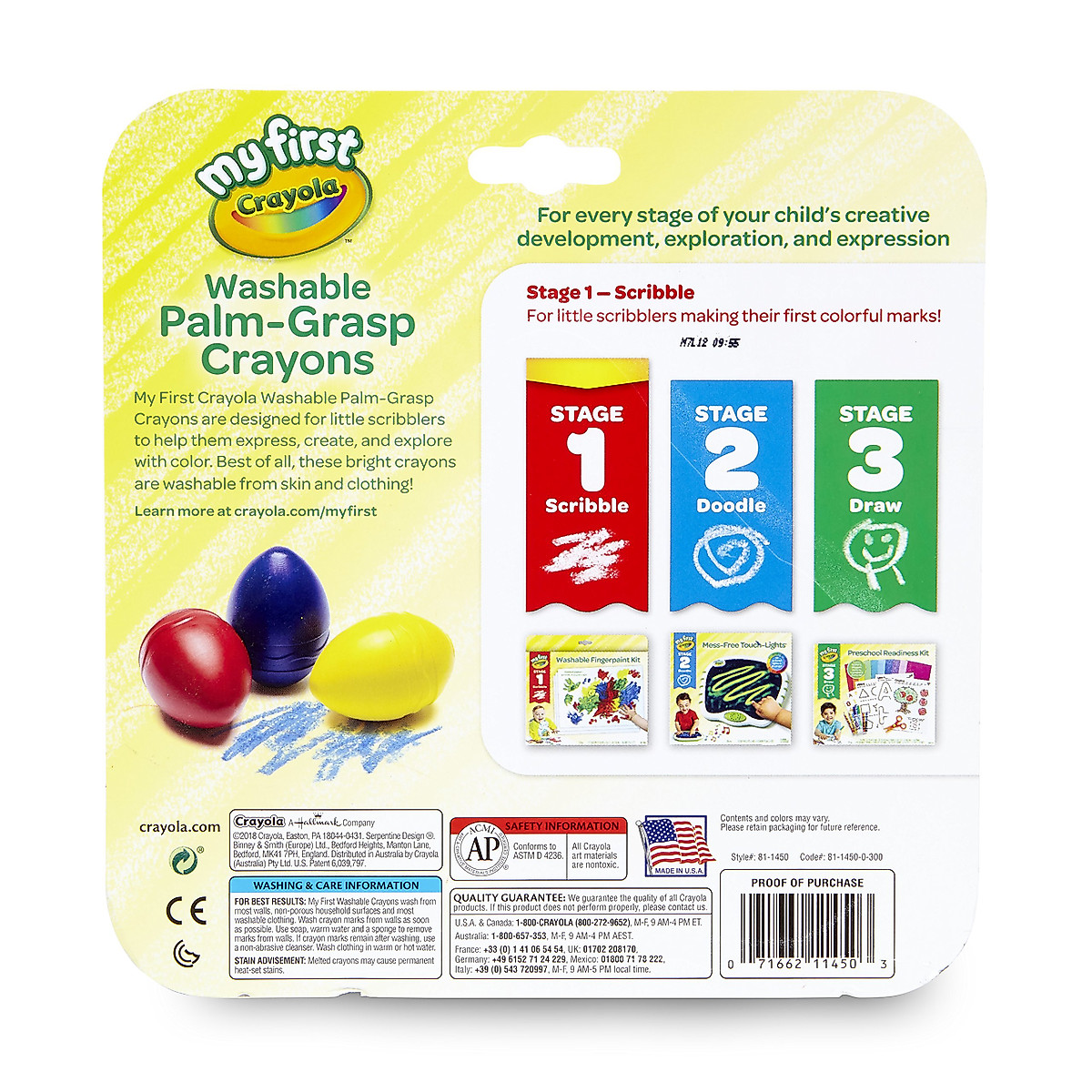 Crayola My First Palm Grasp Crayons, 3 Count, Washable Toddler Crayons, Age 12 Months & Up
